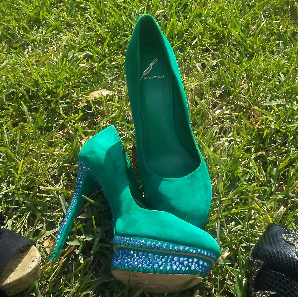 Teal Suede And Blue Rhinestones Heels - Gem